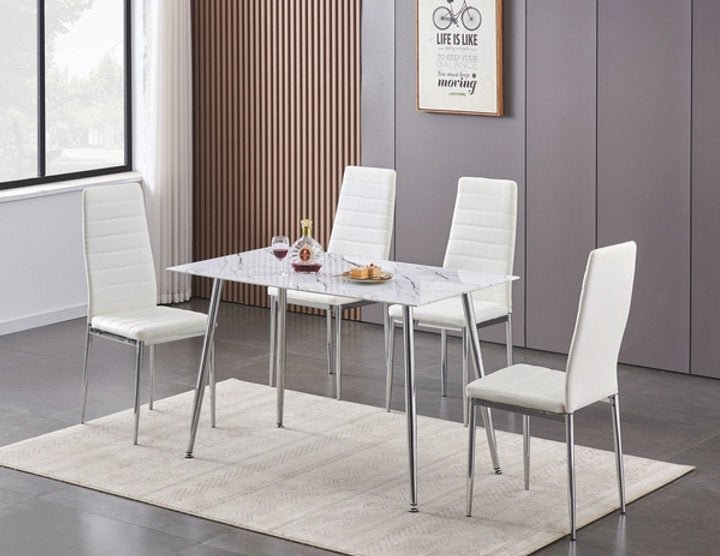 5 Piece White Marble Glass Dining Table With White Horizontally Stitch Payless Furniture