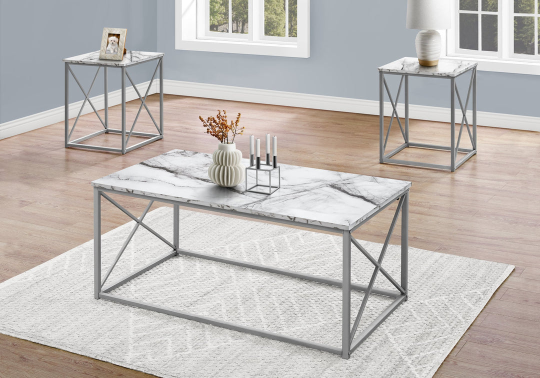 Table set 3pcs set White marble silver metal Monarch