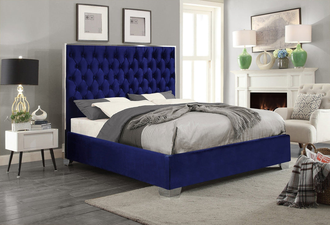 Luxurious Navy Velvet Headboard with Deep Tufting and Chrome Trim Elevate Your Bedroom Decor Payless Furniture